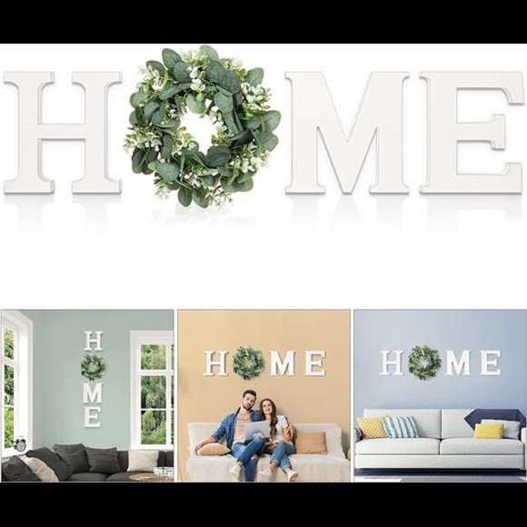 Wall Decor | Wooden Home Letters With Wreath Artificial Eucalyptus ...